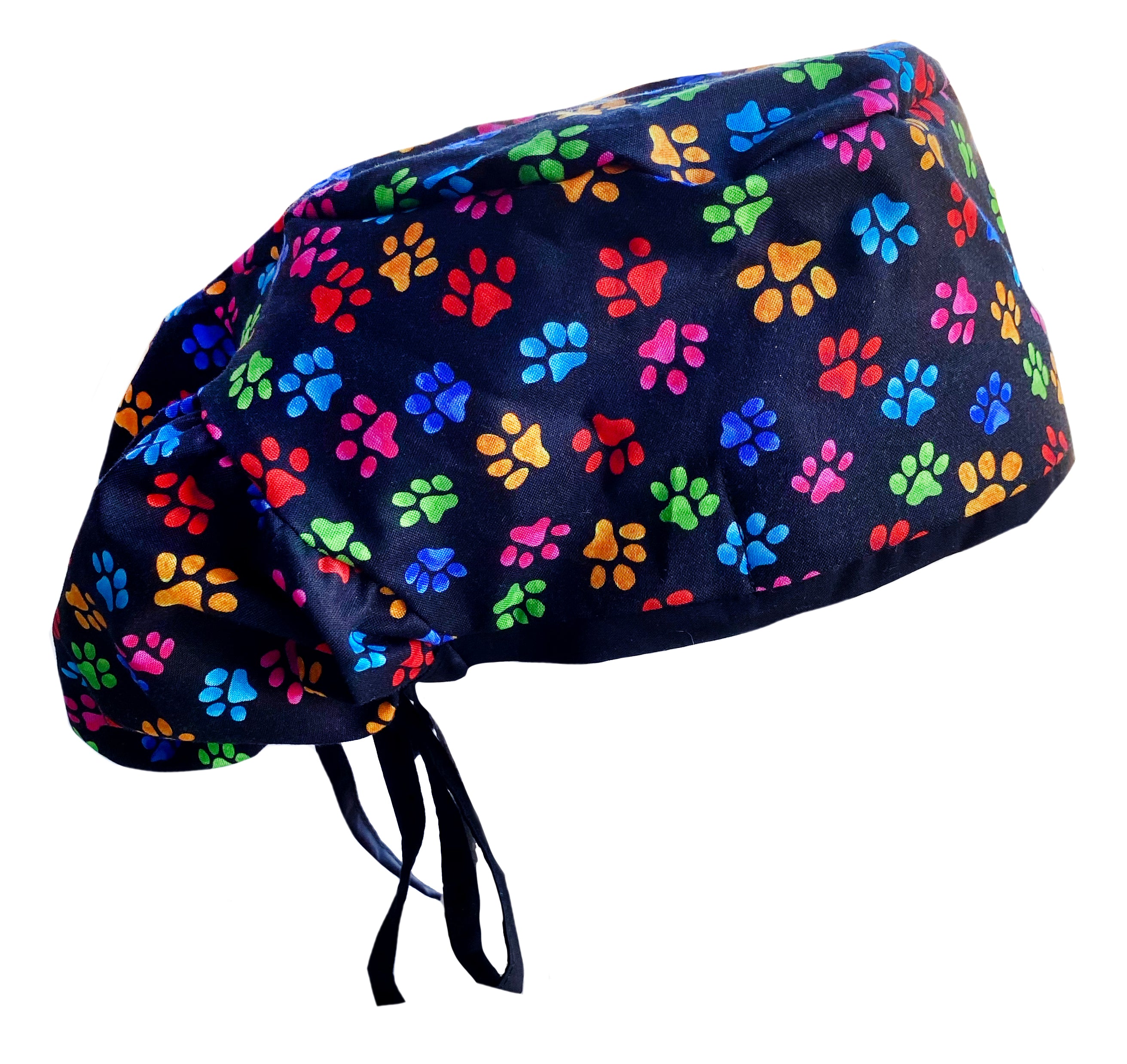 Extra Room Bouffant Colorful Little Dog Paw Prints Black Scrub Cap Hat ...